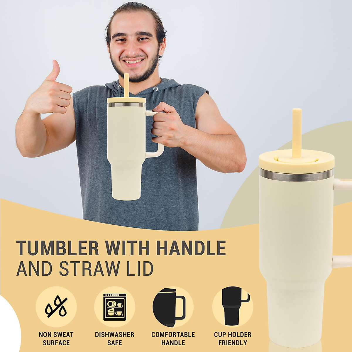 C&Y Company Tumbler With Straw and Handle 40oz, 40oz Tumbler With Silicone Straw, Leakproof Lid, Spill Proof Lid, Insulation Double Wall Stainless Steel Tumbler With Handle (Cream Lemon)