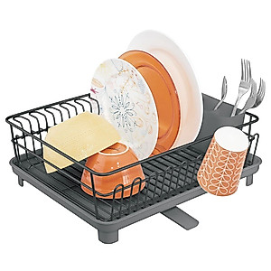 mDesign Large Metal Kitchen Countertop, Sink Dish Drying Rack - Removable Plastic Cutlery Tray, Drainboard with Adjustable Swivel Spout - 3 Pieces - Black/Charcoal Gray