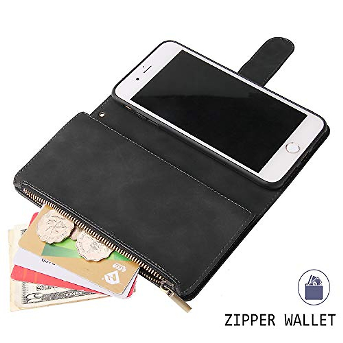 UEEBAI Wallet Case for iPhone SE 2022 5G/iPhone 7/iPhone 8/iPhone SE 2020, Premium PU Leather Magnetic Handbag Zipper Pocket Card Slots with Wrist Strap Flip Case for iPhone SE3/SE2 - Black