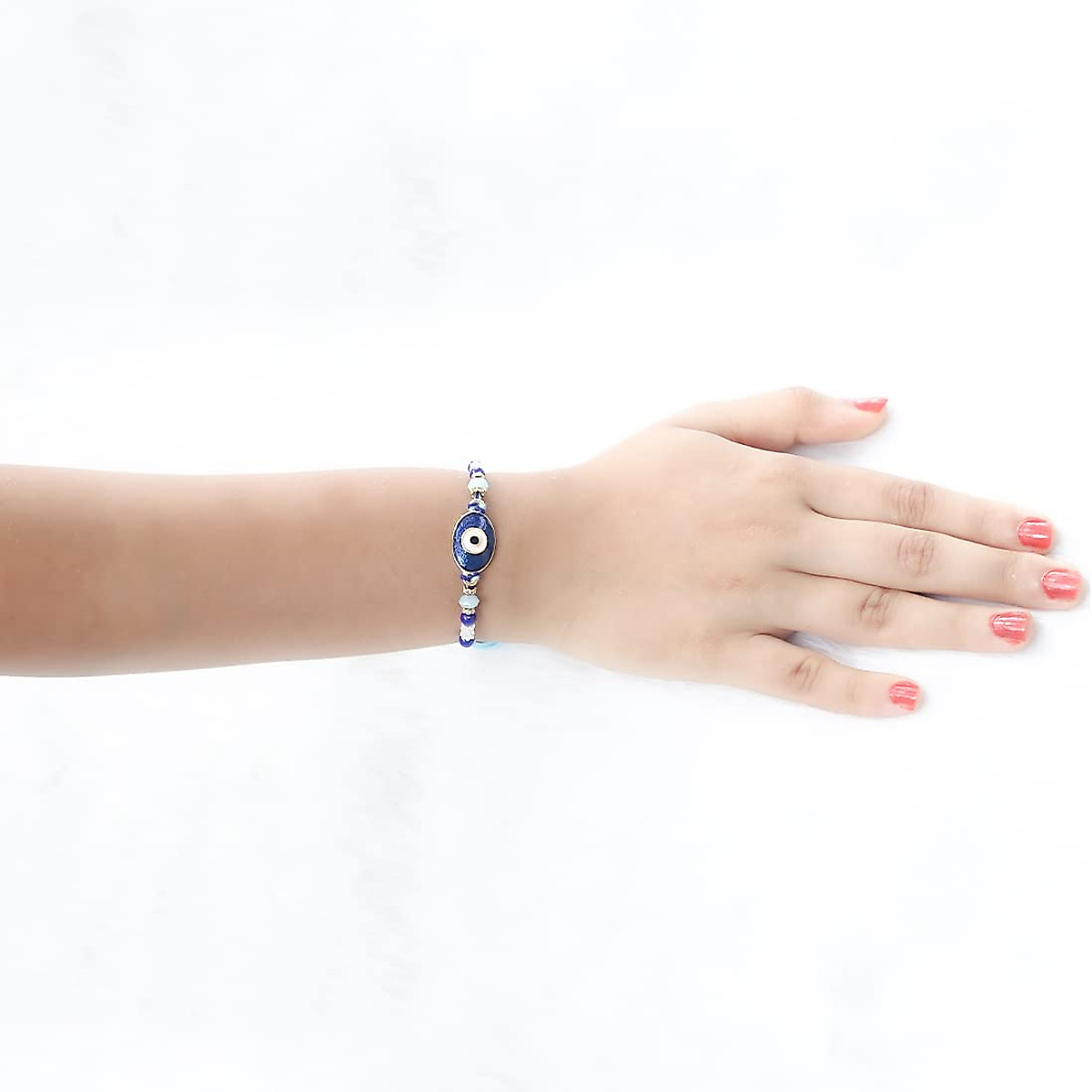 PINKABLUE Evil Eye Rakhi For Brother, Handmade Bracelet Rakhi for Raksha Bandhan, Wealth Thread Designer Rakhi Semi Precious Stone Rakhi Bracelet Crystal Stone Evil Eye Band (Blue)