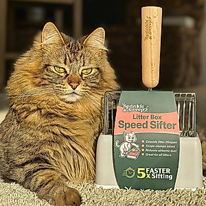 Sprinkle & Sweep Cat Litter Scoop - Heavy Duty Litter Scooper & Speed Sifter with Comfortable Beech Wood Grip - Metal Cat Litter Scoop, Washable Convenient Stand for Easy and Efficient Cleaning