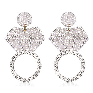 Rhinestone Wedding Bridal Earrings for Women Handmade Wedding Diamond Ring Beaded Drop Earrings Fun Statement Engagement Ring Dangle Earrings Bachelorette Party Jewelry Gifts