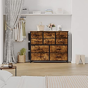 Jojoka Dresser for Bedroom with 10 Drawers, Dressers & Chest of Drawers, Long Fabric Storage Drawer with Wood Tabletop for Kids Room, Closet, Hallway, Entryway (Rustic Brown)