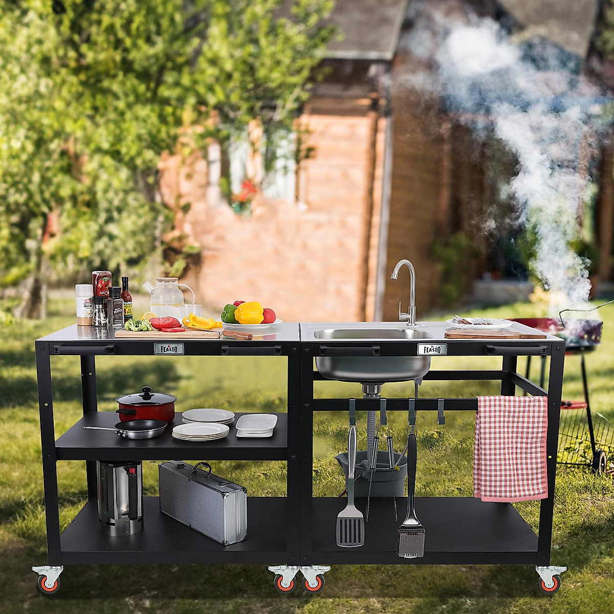 Feasto Large Movable Pizza Oven Table for Outdoor, 36''x 24'' Tabletop Stainless Steel Grill Cart with Wheels, 3-Shelf Outdoor Kitchen Prep Table Pizza Oven Stand on Wheels for Ooni 16, Blackstone