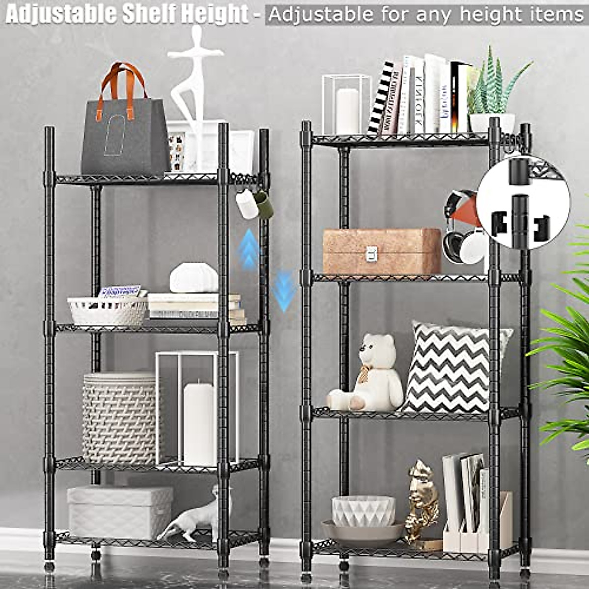 JEROAL 4 Tier Wire Shelving Unit, Adjustable Height Storage Shelf Display Rack with 4 S-Shaped Hooks, 21.25" D×11.4" W×46.45" H Standing Heavy Duty Metal Shelving for Laundry Bathroom Kitchen