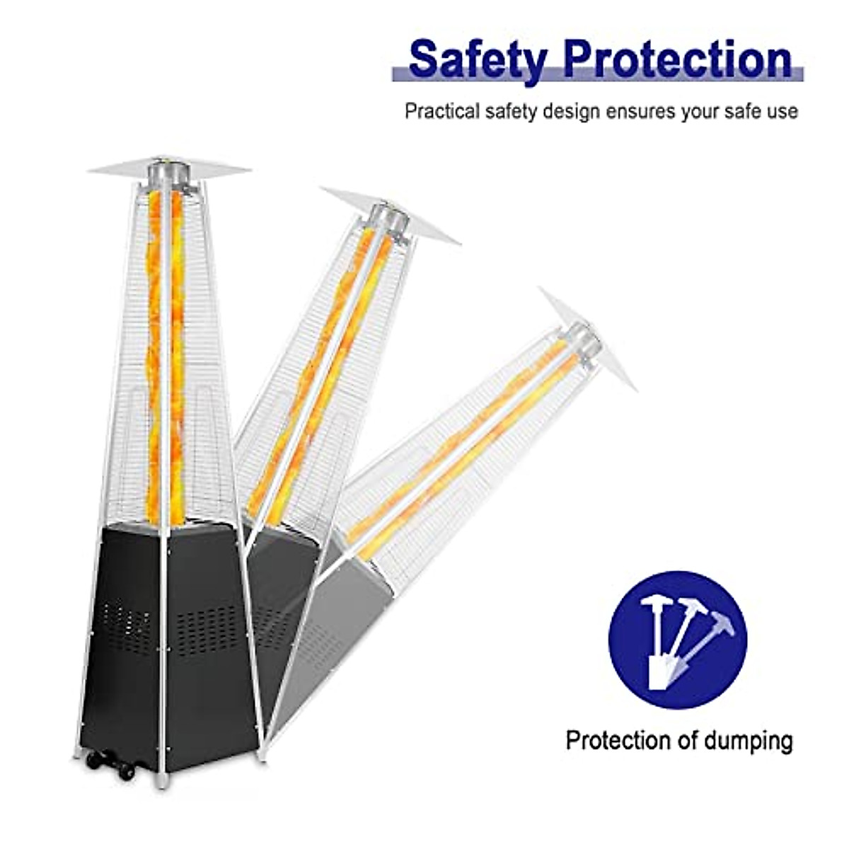 PIONOUS Patio Strong 48,000 BTU Black Glass flame tube Pyramid Heater with Cover and Wheels for Garden, Residential, Commercial, Yard, Indoor, Outdoor - 7 Set