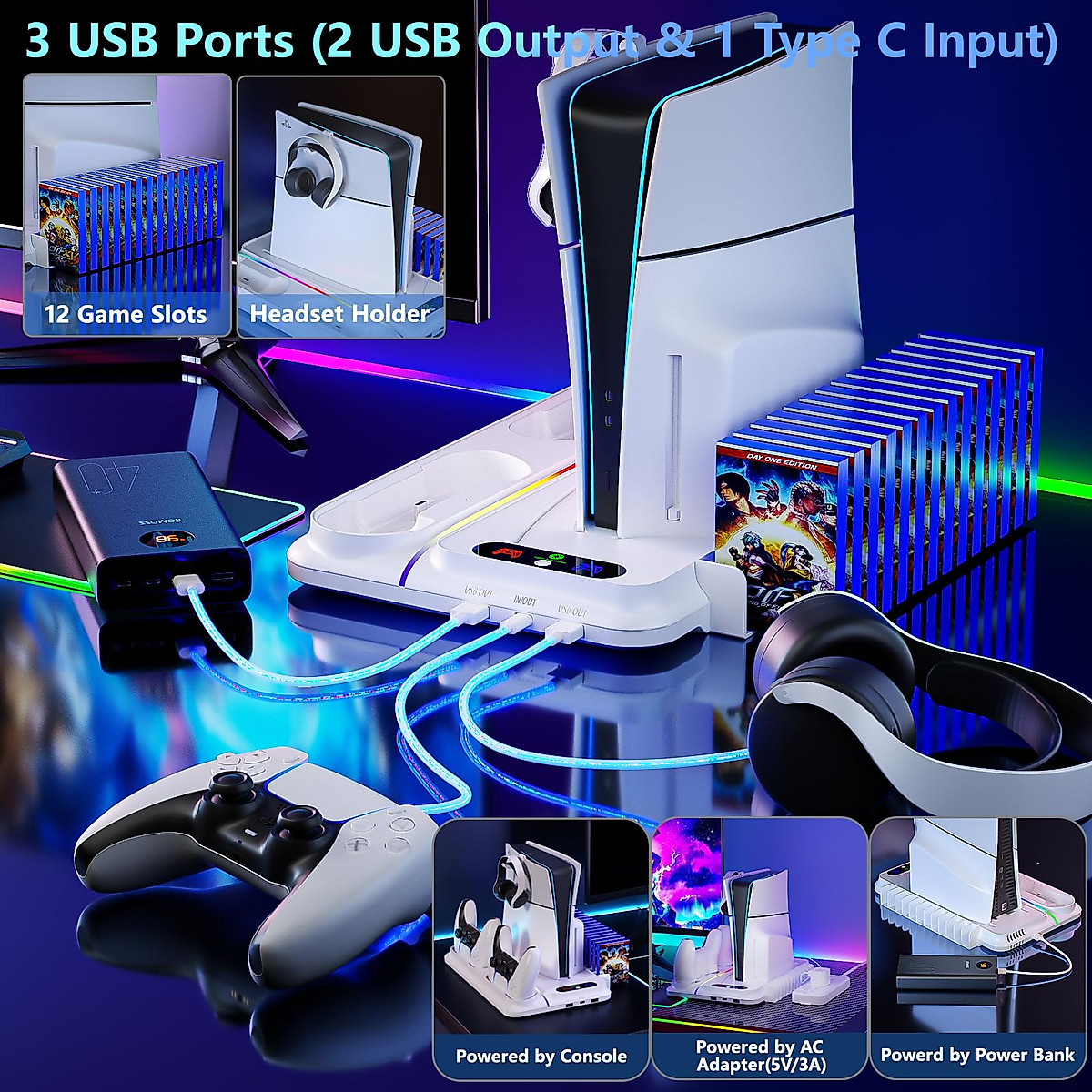 PS5 Pro Stand,PS 5 Cooling Station with Dual PS5 Controller Charger 3 Level Fan ,3 USB Hub Fast Charge drive 9 RGB Light hard ps5 Slim Stand for All Disc & Digital Console Playstation Vita Upgraded