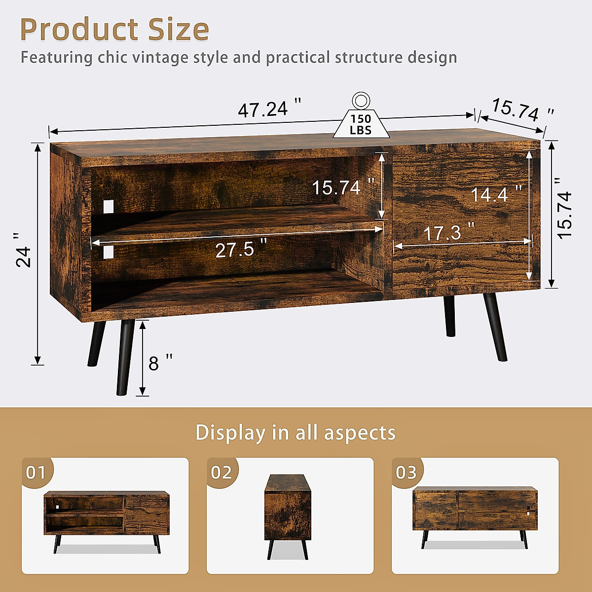 Vongrasig TV Stand for 55 Inch TV, Entertainment Center, Media Console Table with Open Shelves and Storage Drawer for Bedroom, Living Room, Wood Modern Farmhouse Television Stands, Rustic Brown