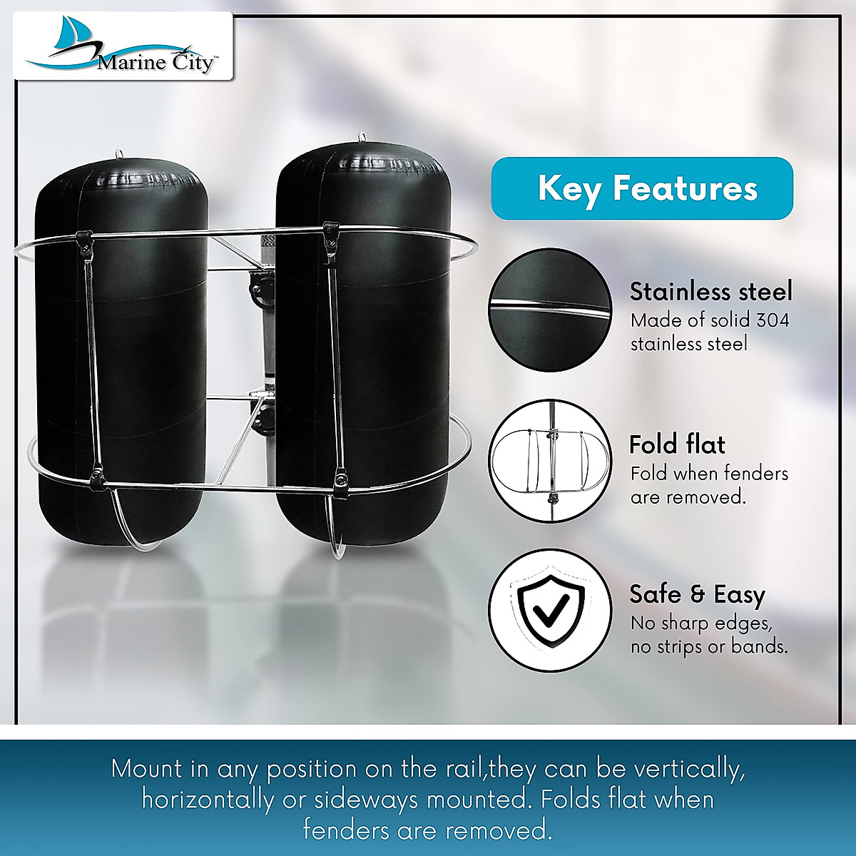 MARINE CITY Stainless-Steel Double Strong and Durable Fender Rack Gloss Finish Easy Use Holder with Stanchion Clamps 11 Inches Diameter Fender for Marines – Boats – Ships – Kayaks (Pack of 1)