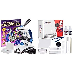 AmScope M162C-2L-PB10-WM Awarded 2018 Best Students and Kids Microscope Kit & SP-14 Microscope Slide Preparation Kit Including Stains