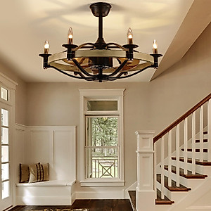 MADSHNE 32" Caged Ceiling Fans with Lights and Remote, Modern Farmhouse Fan Light for Living Room,Black Rustic Chandelier Candles,Reversible(Bulbs Included)