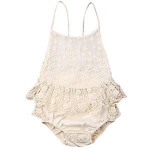 Newborn Infant Baby Girl Clothes Lace Halter Backless Jumpsuit Romper Bodysuit Sunsuit Outfits Set (Off White, 6-12 Months)