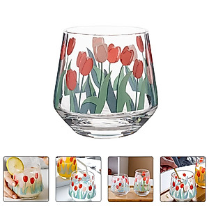 BESPORTBLE 2pcs Wine Glass cup,Tulip Flowers Decal Stemless Wine Glass for Hot Coffee or Cold Drinks-Iced Latte, Whiskey, Juice (400ml)