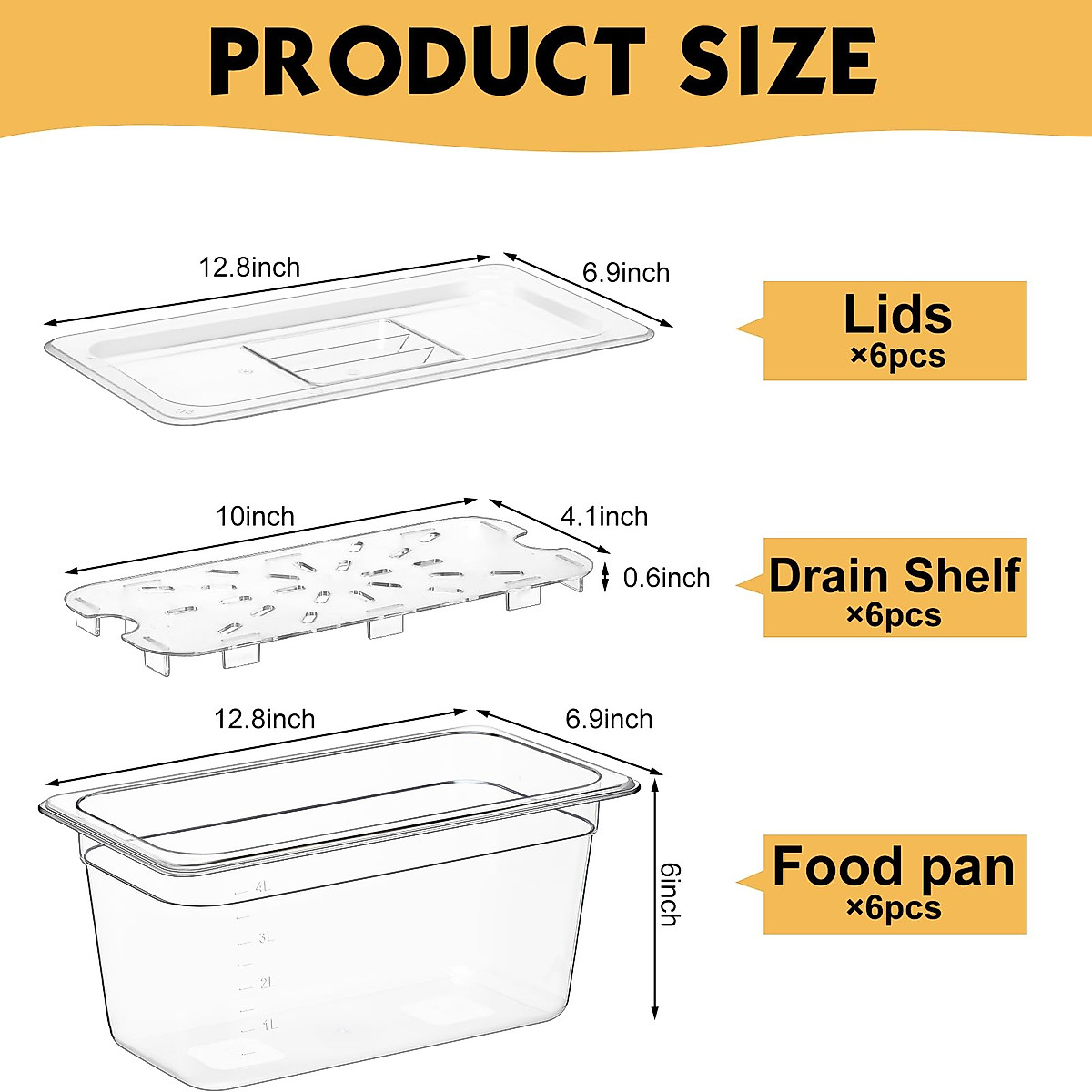 Sunnyray 6 Set 1/3 Size Polycarbonate Food Pans with Lids and Drain Shelf Clear Square Food Storage Containers for Kitchen Restaurant Fruit Vegetable Food Container and Storage (6 Inch Deep)