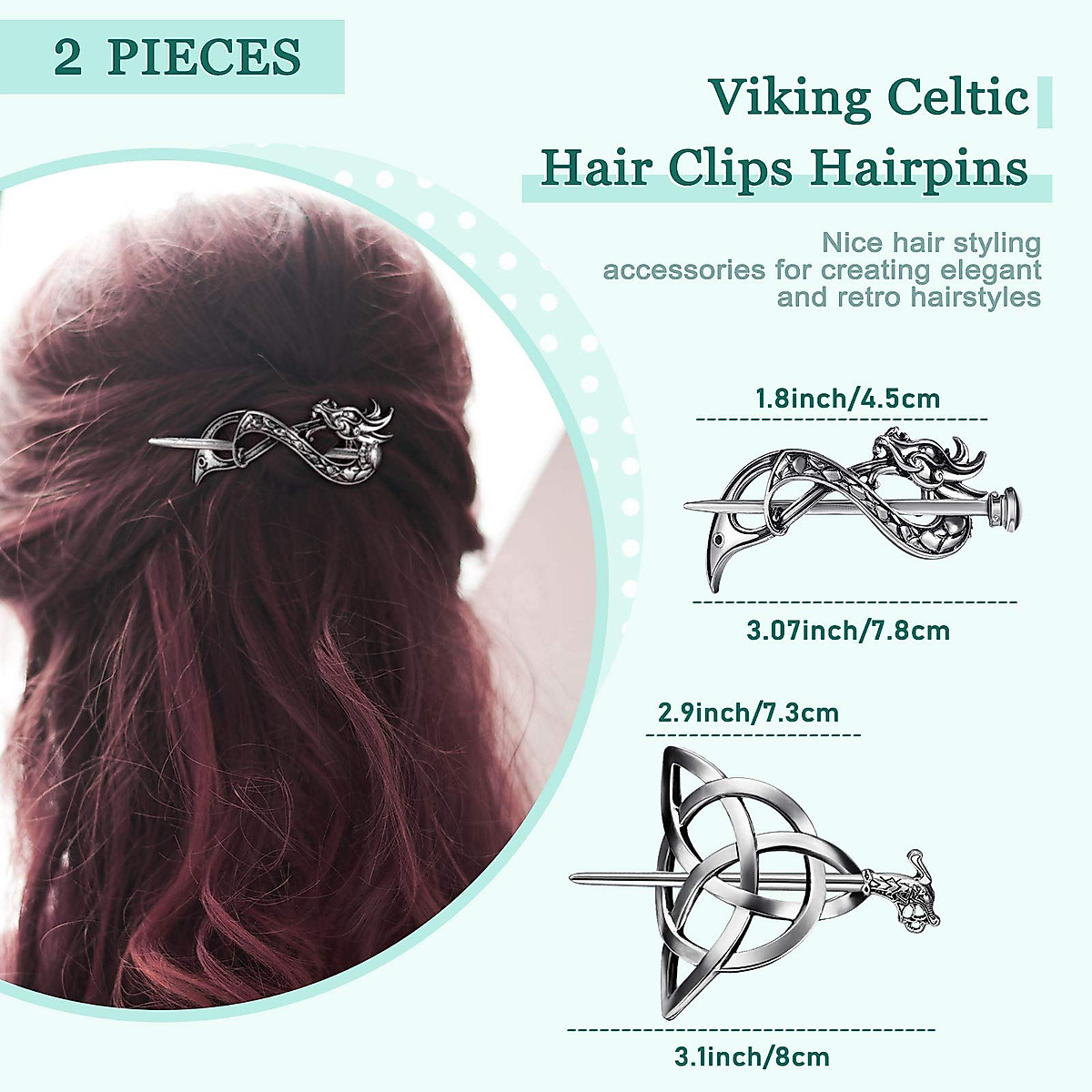 WILLBOND 2 Pcs Celtic Knot Dragon Hairpins - Viking Triangle Hair Clips and Slides in Jewelry Style for Women and Ladies