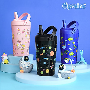 Opreine Tumbler with Lid and Straw for Kids, 14oz Insulated Water Bottle with Straw, Stainless Steel Thermos Water Bottle for Boys Girls, Leak Proof Kids Cup for School Sports, Black Planet