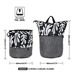 YOHOM Round Laundry Basket with Zipper, Adjustable Clothes Hamper Stand-up Hamper Retractable Laundry Bag for College Dorm, Bedroom, Bathroom, Kids Room (Black Floral, Large)