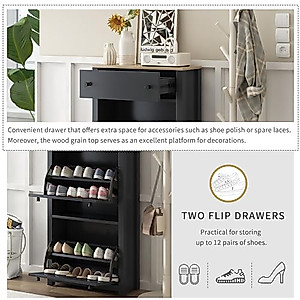 Shoe Storage Cabinet with 2 Flip Drawers, Narrow Shoe Cabinet for Entryway Slim with Wood Grain Top, Wall Hidden Shoe Organizer Cabinet with Adjustable Shelves for Entryway, Hallway, Black