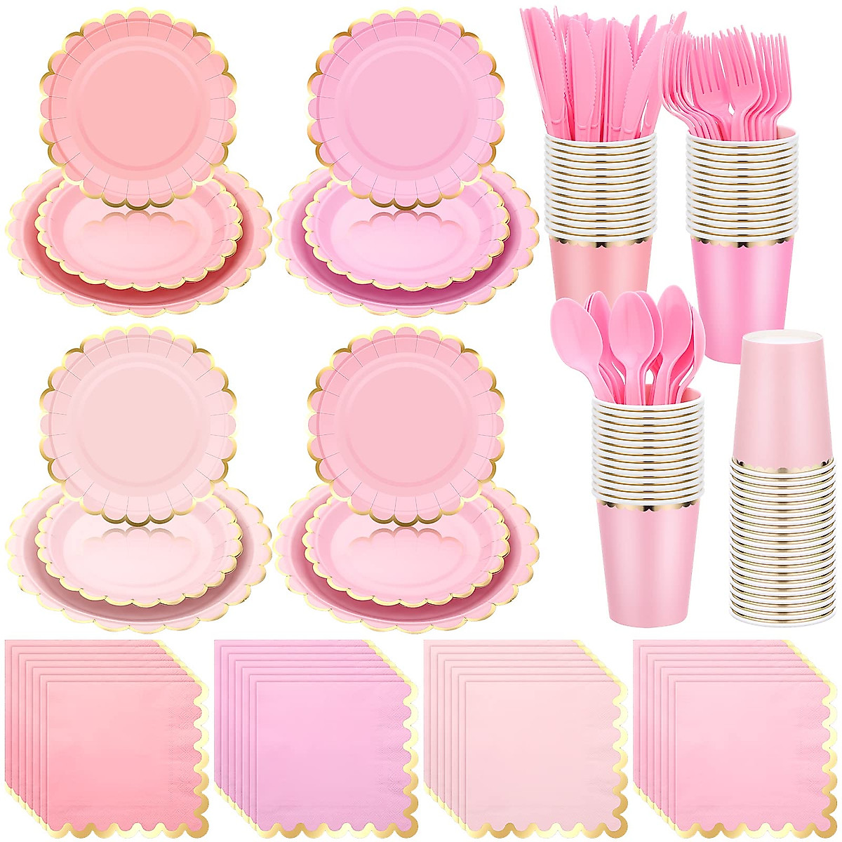 Yaomiao 168 Pcs Disposable Dinnerware Set Party Supplies, Scalloped Paper Plates Cups Napkin with Gold Foil Plastic Forks Knives Spoons Serve 24 Guests for Birthday Baby Shower (Pink,Round)