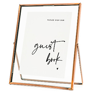 Calculs 'Please Sign' Clear Glass Copper Sign Holder, 8x10in Gold Glass Picture Frames Menu Holder for Wedding Party Table Sign