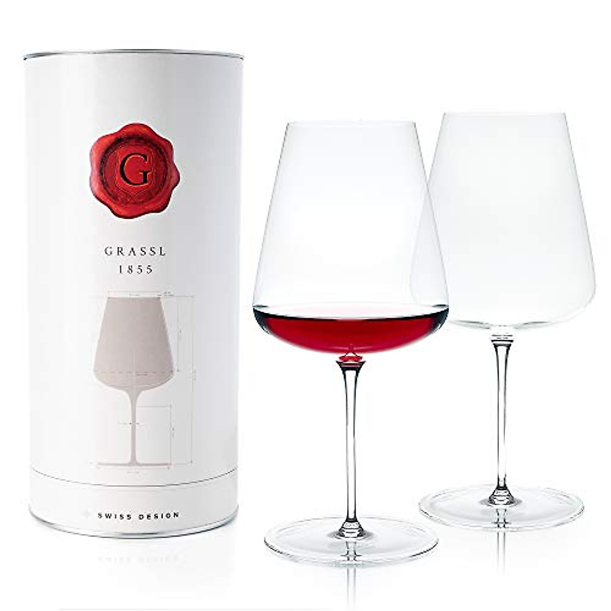 Grassl 1855 Wine Glass, Set of 2 Hand-Blown Crystal Wine Glasses for Red Wine like Bordeaux and Cabernet