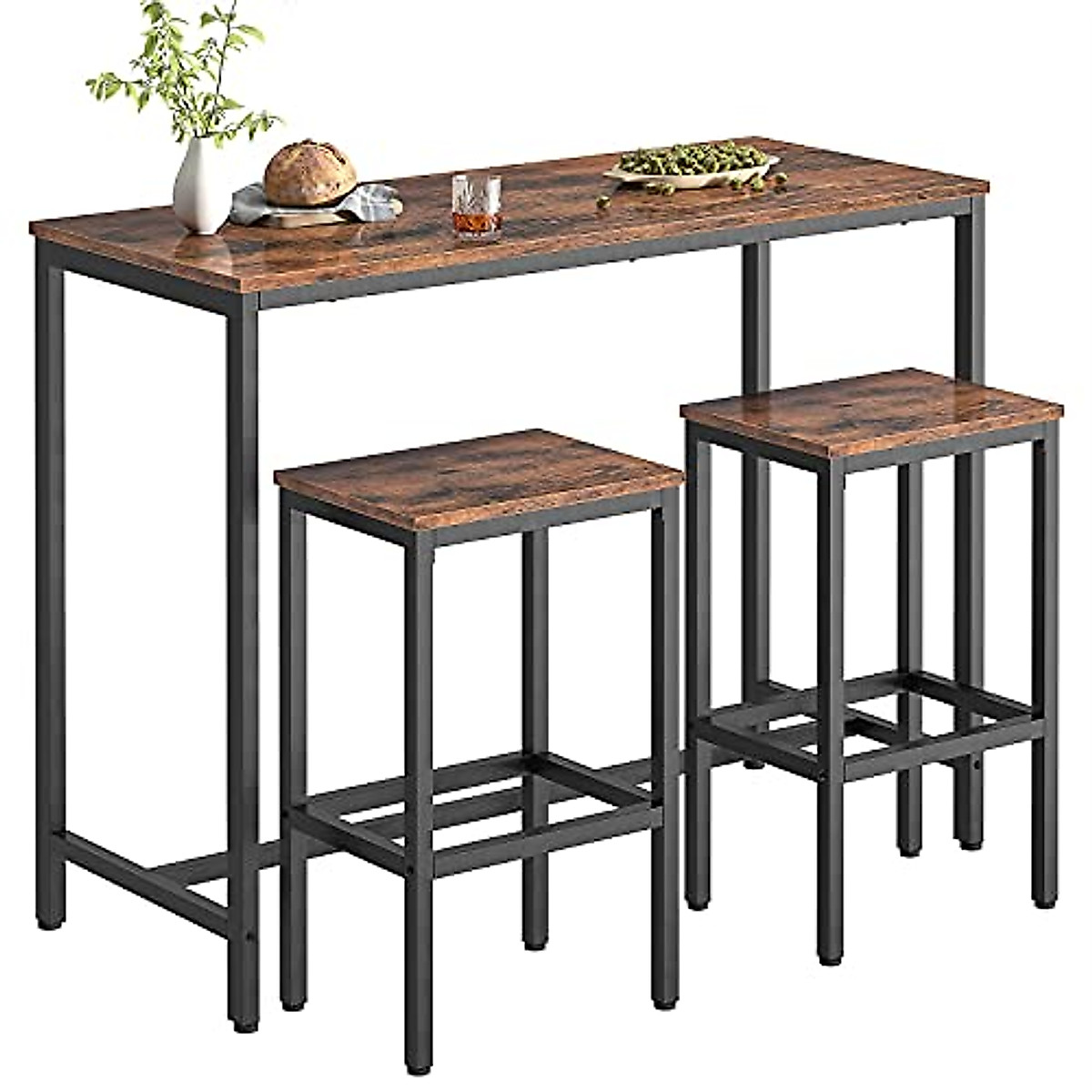 HOOBRO Bar Table and Chairs Set, 47.2” Rectangular Pub Bar Table and 2 Bar Stools, 3-Piece Breakfast Table Set for Kitchen Living Room, Dining Room, Sturdy Metal Frame, Rustic Brown BF52BT01