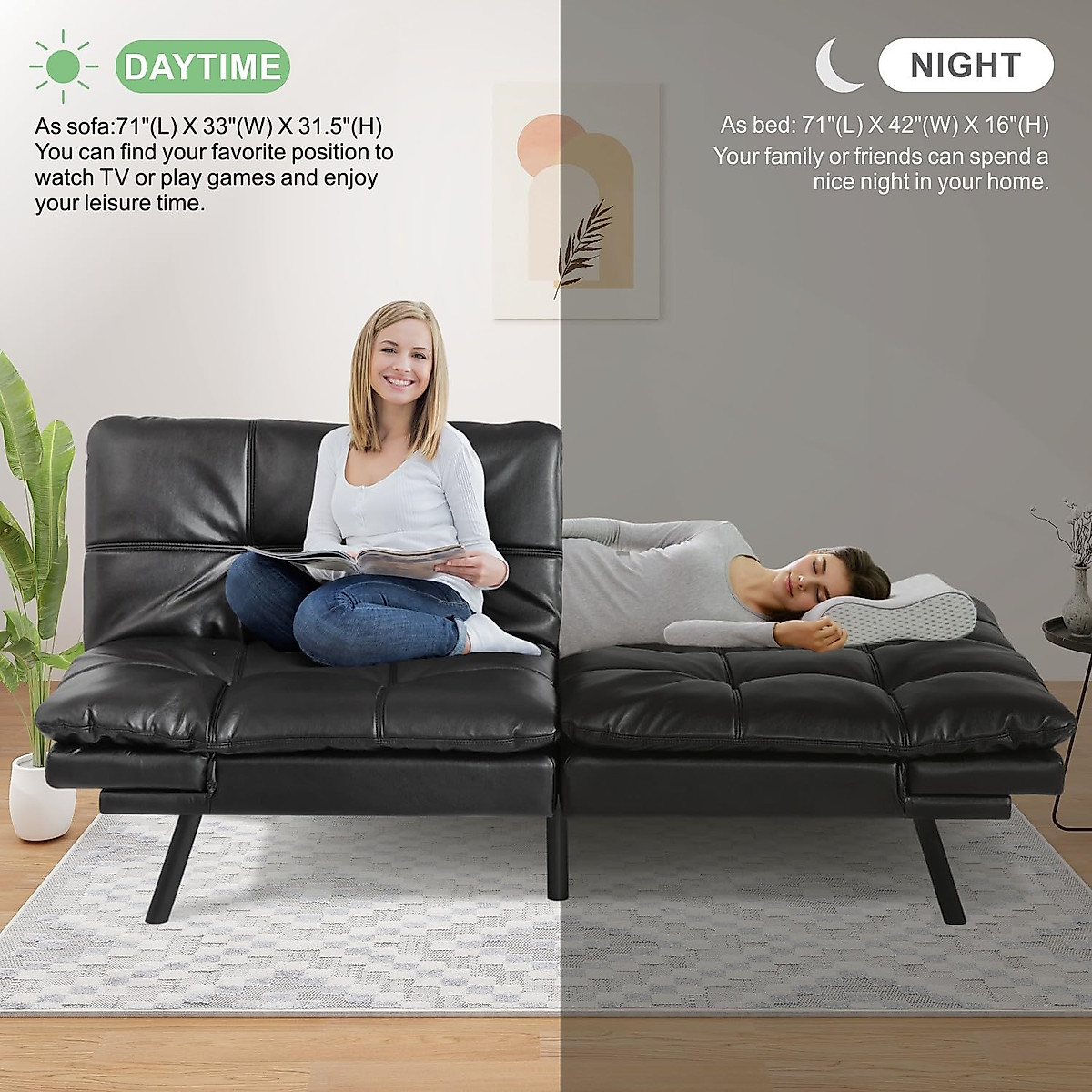 MUUEGM Futon Sofa Bed Couch, Memory Foam Futon Convertible Futon Couch, Sofa Bed Couch,Modern Loveseat Daybed Sofa,Comfy Sleeper Couch for Apartment, Living Room,Easy Assemble,Black