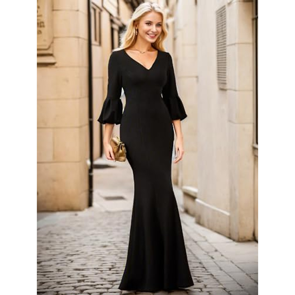 Ever-Pretty Women's Long Lantern Sleeves Mermaid Casual Maxi Formal Dress Black US4