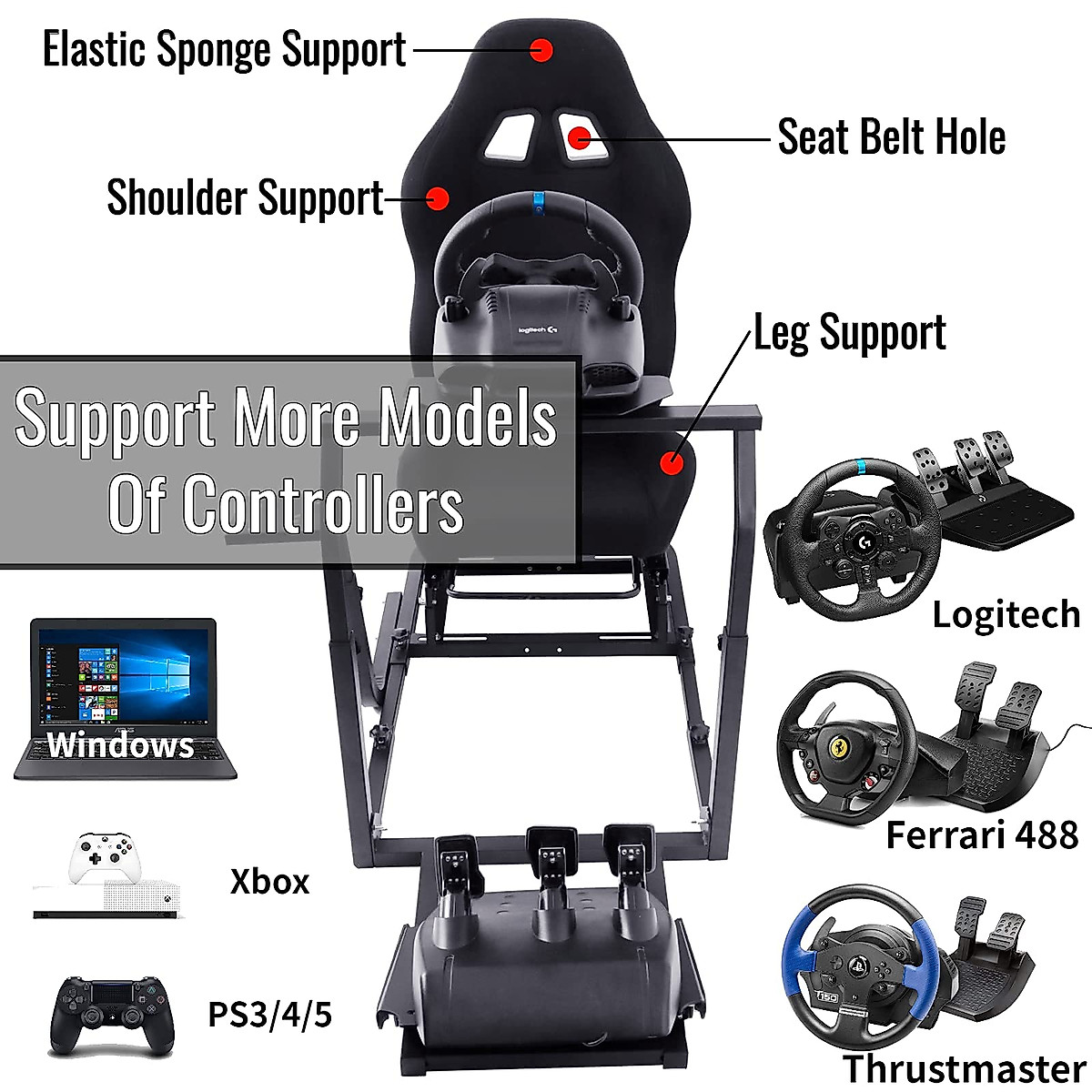 Minneer Simulator Driving Cockpit Frame with Seat Compatible with Logitech G25G27G29G920 Adjustable Racing Wheel Stand Fit for PC/Xbox/PS4 Gaming Steering Stand,Wheel and Pedals Not Include