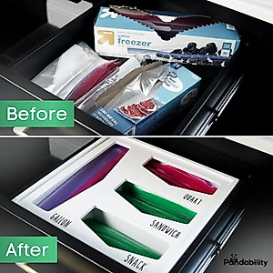 Pandability Premium Storage Bag Organizer for Drawer – Kitchen Organization – Food Storage Container - Compatible with Ziplock Bags, Snack Bags & Gallon Bags – Bamboo w/ Farmhouse Font - White