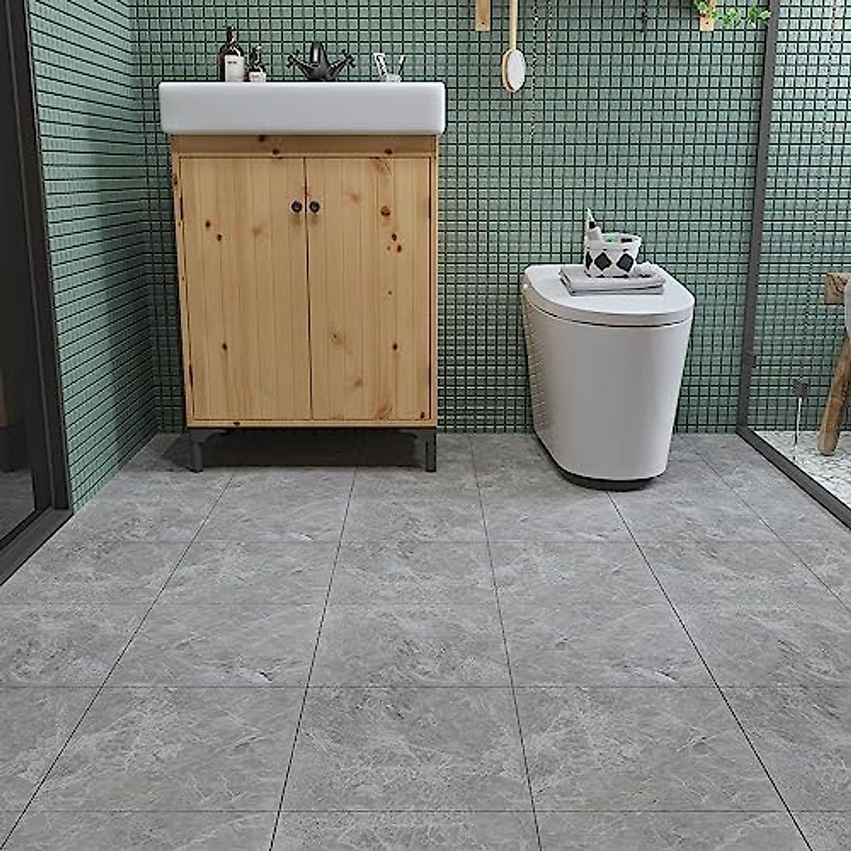VaryStyle 12"x12" Peel and Stick Floor Tiles - Grey Marble Vinyl - 10 Pack - Waterproof, Self-Adhesive, Removable - Sticky Vinyl Flooring for Bathroom, Bedroom, Kitchen