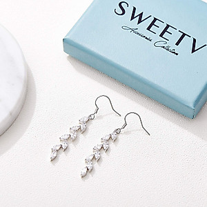 SWEETV Marquise Wedding Dangle Earrings for Brides Birdesmaid, Crystal Long Bridal Earrings for Women Prom, Silver