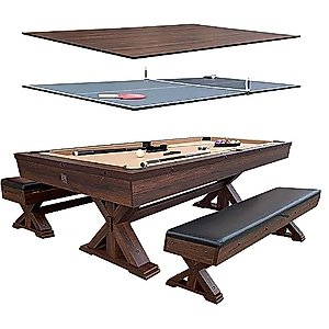 Freetime Fun 3 in 1 Multi Game 7 FT Pool Table with Dining Top and Ping Pong Table with Benches, Includes Billiard Accessories and Tennis Paddles - Combo Table (Espresso)