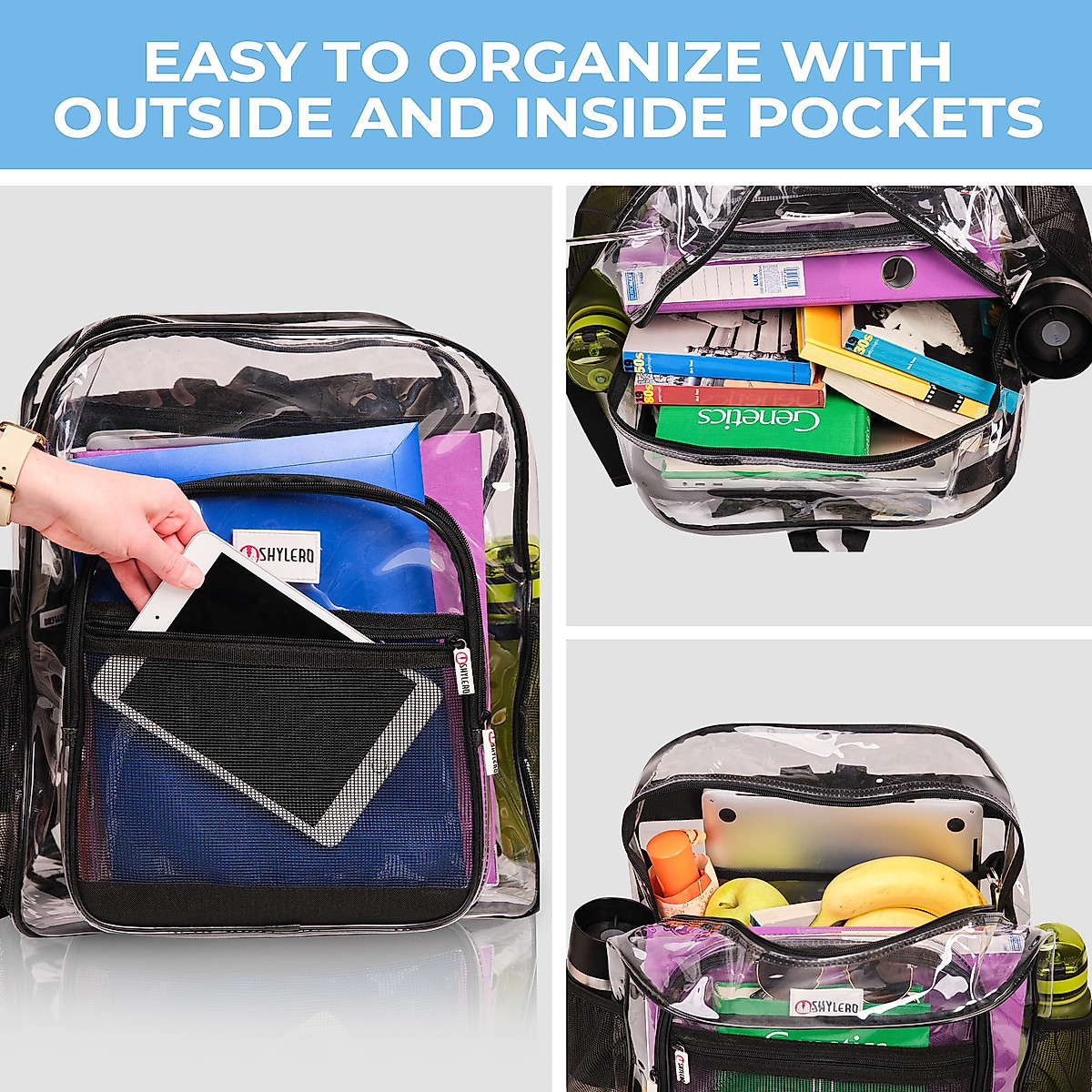SHYLERO Clear Backpack For Work XL - Heavy Duty School Bookbag has TSA Lock, 2-WAY Zip, Transparent PVC - H18''xW14''xD8