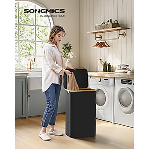 SONGMICS Laundry Hamper with Lid, Large Laundry Basket, 23.8 Gallons (90L), Removable Mesh Liner, Bamboo Handles, Collapsible, 16.5 x 12.6 x 27.8 Inches, Ink Black ULCB509B01