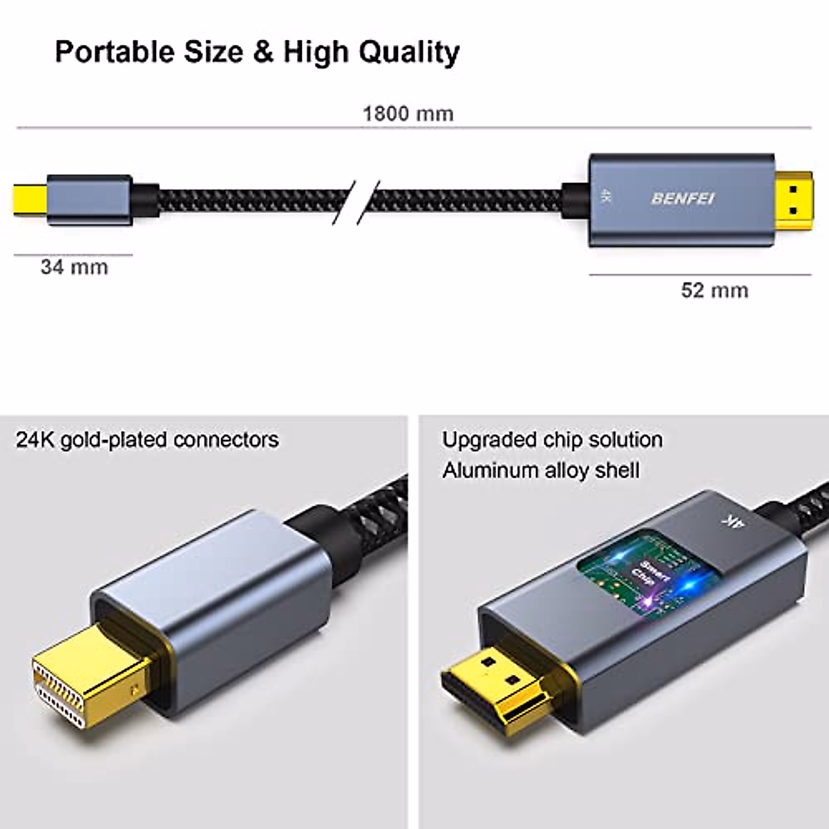BENFEI Mini DisplayPort to HDMI Cable, 4K Mini DP to HDMI 6 Feet Cable (Thunderbolt Compatible) with MacBook Air/Pro, Surface Pro/Dock, Monitor, Projector - Grey