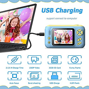 sikiwind Kids Camera for Boys and Girls, Digital Camera for Kids Toy Gift, Toddler Camera Birthday Gift for Age 3 4 5 6 7 8 9 10 with 32GB SD Card, Video Recorder 1080P IPS 2.4 Inch