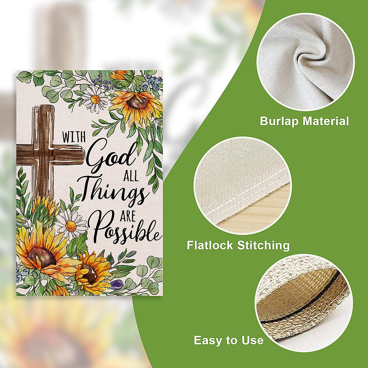 Covido With God All Things Are Possible Religious Spring Summer Easter Decorative Garden Flag, Cross Sunflower Yard Outside Decorations, Inspirational Fall Autumn Outdoor Small Home Decor 12 x 18