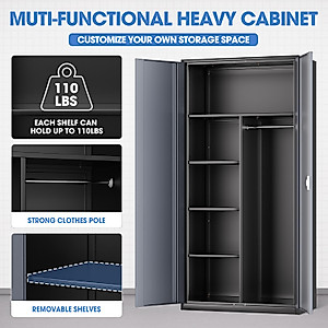 DNA MOTORING Metal Storage Cabinet, 72" Storage Wardrobe with Lock and Hanging Rod, Locking Cabinet Heavy Duty Utility Cabinet with 4 Shelves for Garage,Office,Home,Gym, Gray Black, TOOLS-00633-GY-BK
