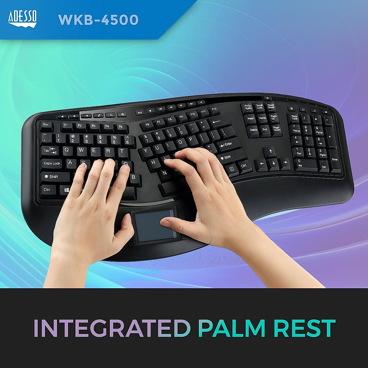 Adesso WKB-4500UB - Wireless Ergonomic Desktop Touchpad Keyboard, Split Keys Design, Palm Rest, Media Control Hotkeys, Long Battery Life - Compatible for Laptop/Desktop, Black