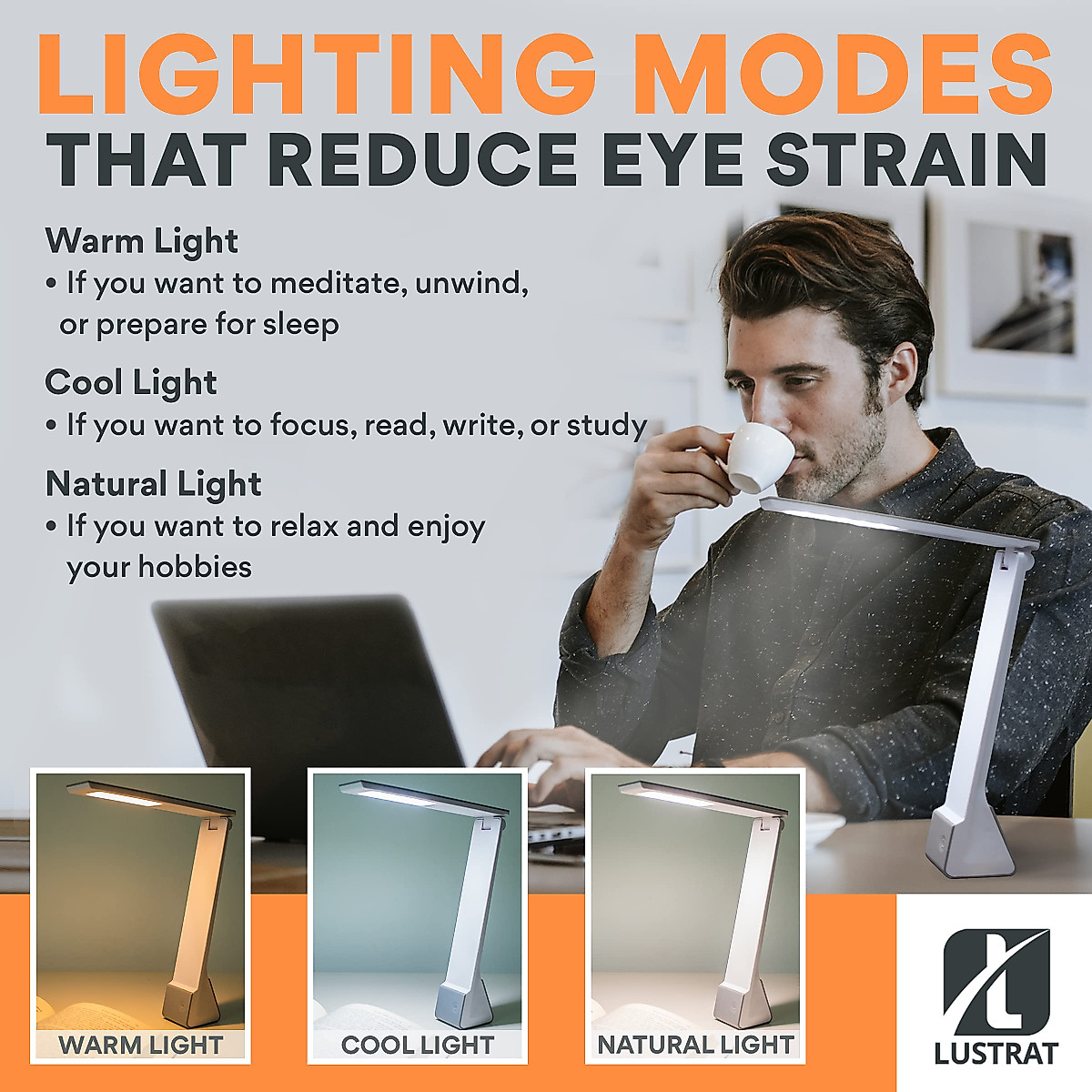 Lustrat LED Desk Lamp - Minimalistic Office Desk Lamp - Rechargeable Lamp with Bed, Study, and Work Desk Light Modes - Portable Table Desk Lamp for Back to School and Work from Home Set-up - Silver