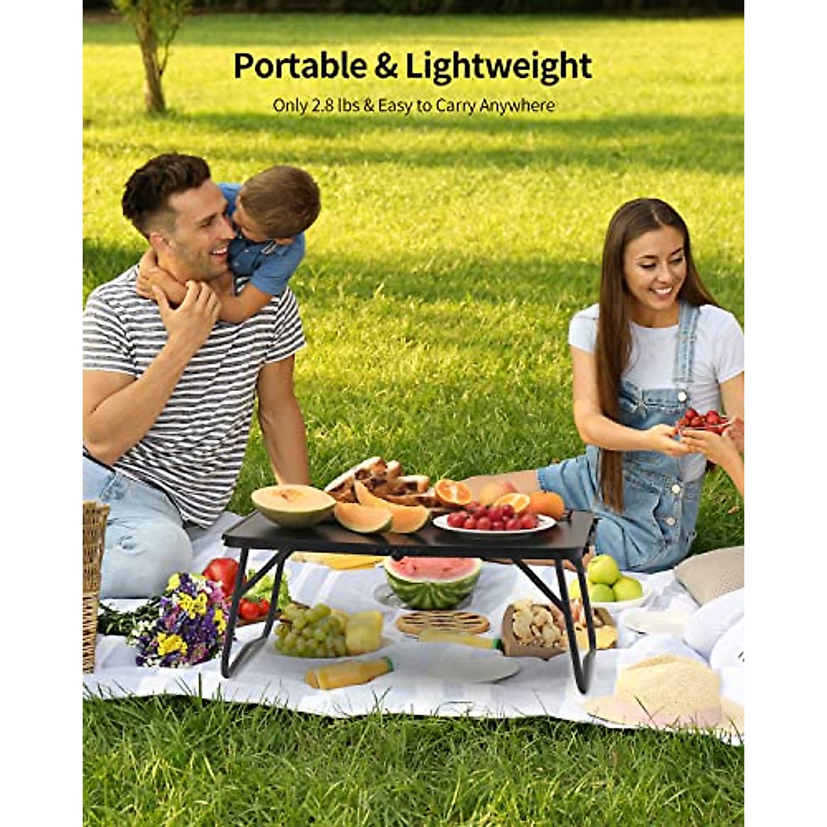FISYOD Folding Laptop Table, Bed Table Lap Desk, Breakfast Tray Table, Portable Mini Picnic Study Reading Drawing Table, Folding in Half with Inner Storage Space (All Black)