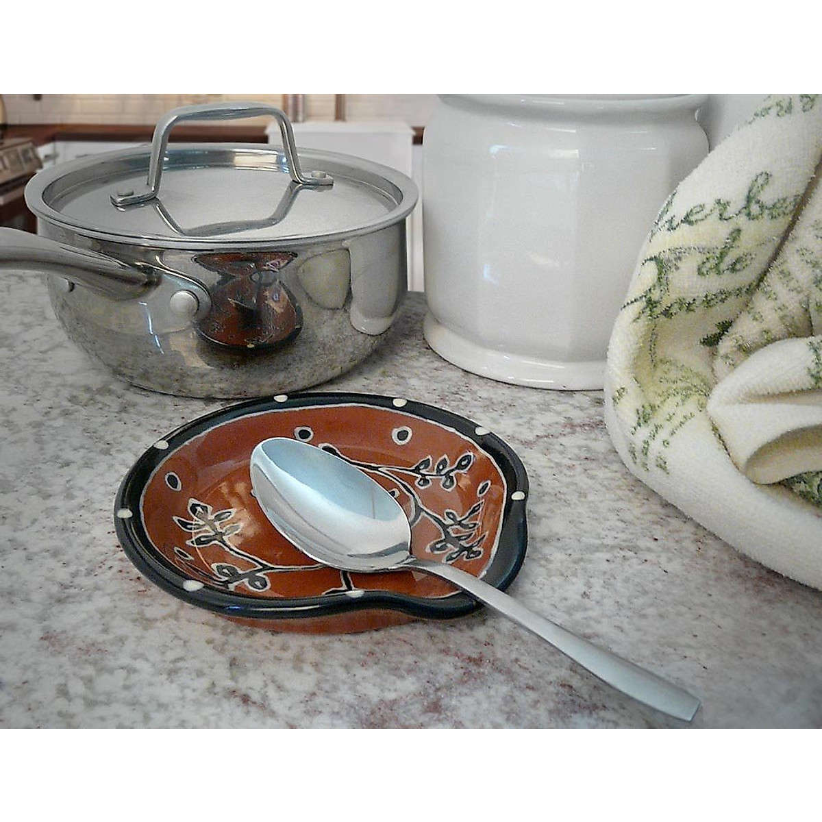 American Made Terracotta Pottery Kitchen Spoon Rest, Blackbird Motif