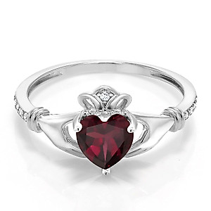 Gem Stone King 10K White Gold Heart Shape Red Rhodolite Garnet and White Diamond Irish Celtic Claddagh Women Ring (0.78 Cttw, Gemstone Birthstone, Available In Size 5, 6, 7, 8, 9)