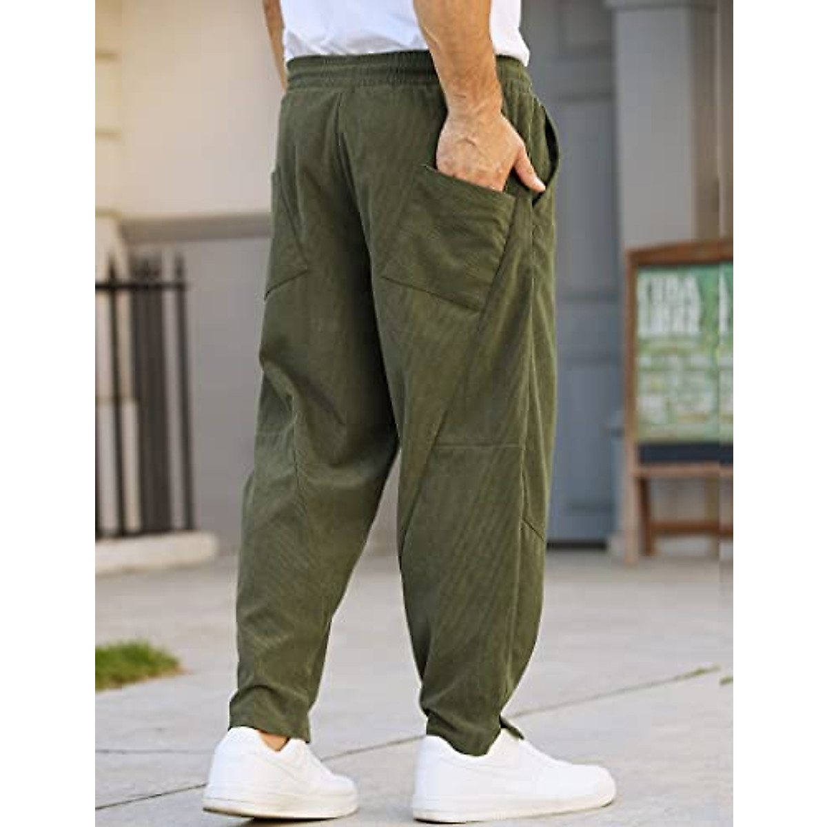 COOFANDY Men Corduroy Pants Drawstring Waist Loose Casual Long Trousers with Pockets, ArmyGreen, XL