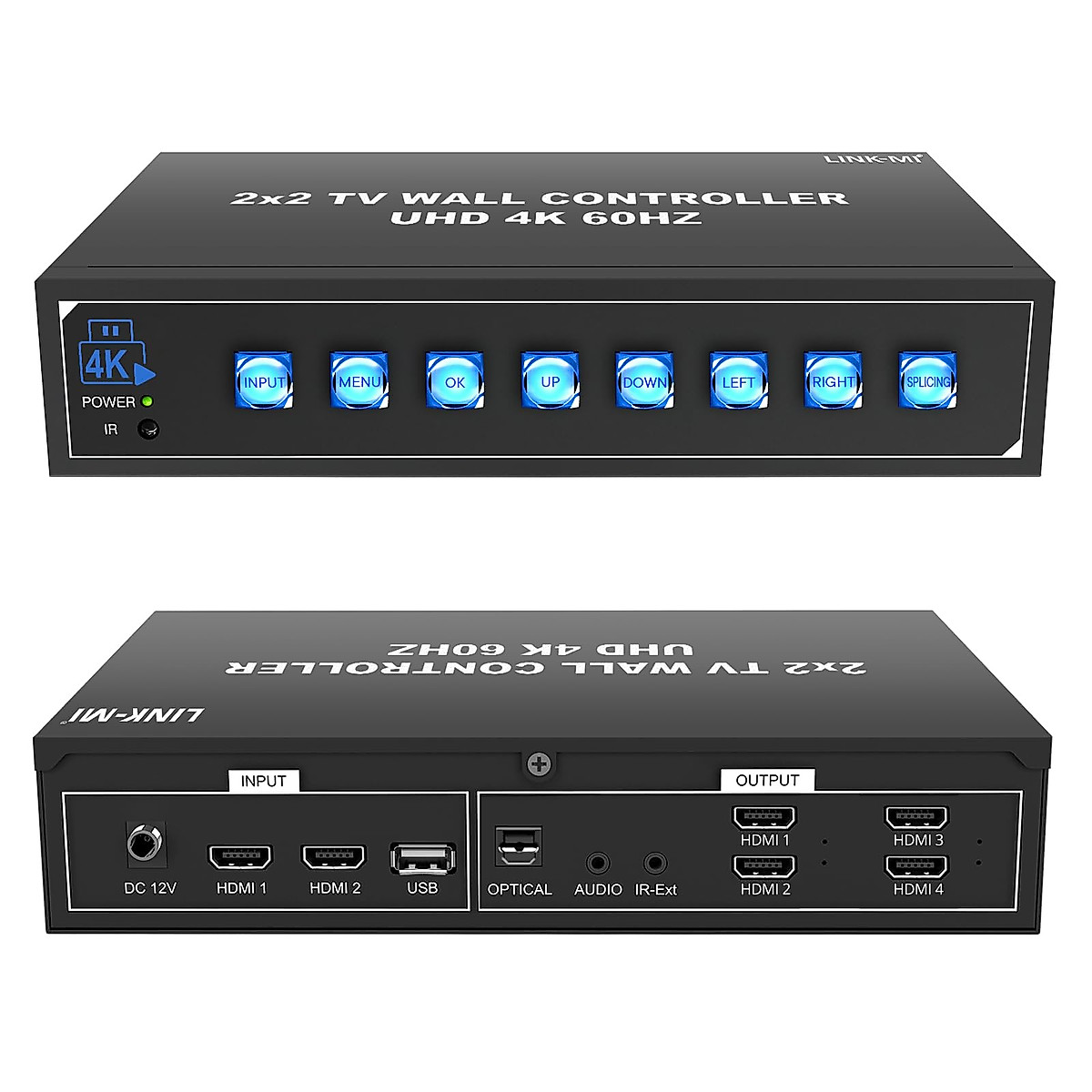 LINK-MI 4K60 2x2 Video Wall Controller with HDMI 2.0 USB inputs 1x2 1x3 1x4 2x1 3x1 4x1 UHD TV Wall Controller for 4 TVs Support USB Auto Display and Play max 4096x2160@60 Video Picture