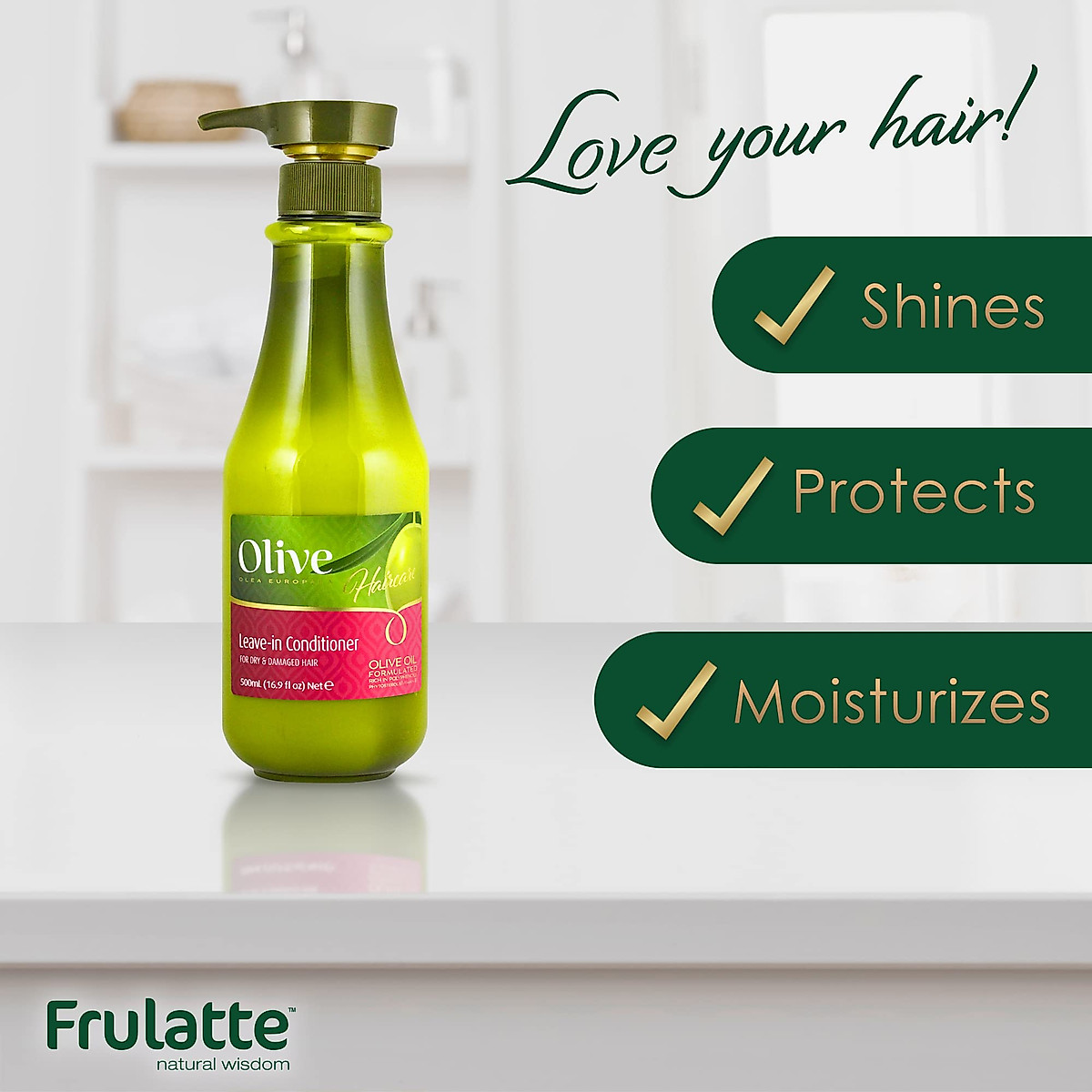 Frulatte Natural Olive Oil Leave In Conditioner & Detangler, Enriched with Shea Moisture & Argan Oil - Anti-Frizz Deep Hair Conditioner For Dry Damaged Hair - Formulated with Keratin, Vitamins B5 & E