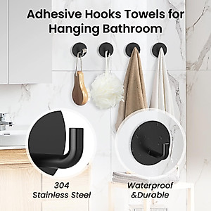 JYIFUBC Adhesive Hooks,Black Towel Hooks for bathrooms,Wall Hooks,Waterproof Stainless Steel Sticky Hooks for Hanging Bathroom Kitchen Home- Set of 4