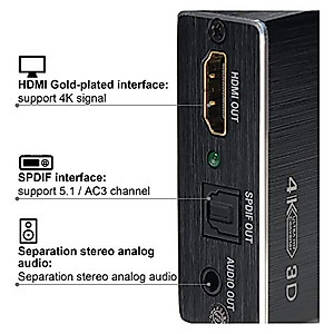 AGPTEK 4K x 2K HDMI Audio Extractor Splitter, HDMI to HDMI Audio Converter Adapter Support Ultra HD 4K Toslink Optical Audio Output and 3.5mm Audio with Optical Fiber Cable