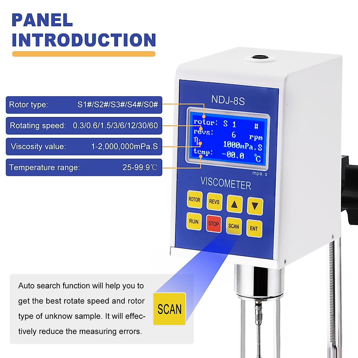 Saladulce Digital Rotary Viscometer, NDJ-8S Viscosity Meter Tester with Data Output,10-2,000,000 mPa.s Fluidmeter ±3% 100-240V